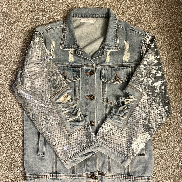 Jackets & Coats | Distressed Denium Jacket With Sequin Sleeves | Poshmark